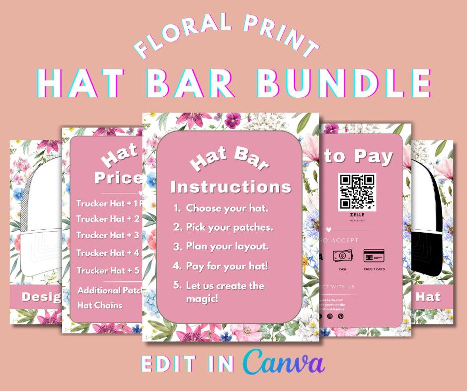 DIY Floral Print Trucker Hat Bar Digital Download Kit Flyertemplate ...