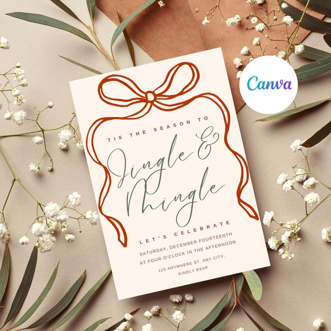 Christmas Party Invitation, Holiday Party Invitation, Bow Invite, Red ...