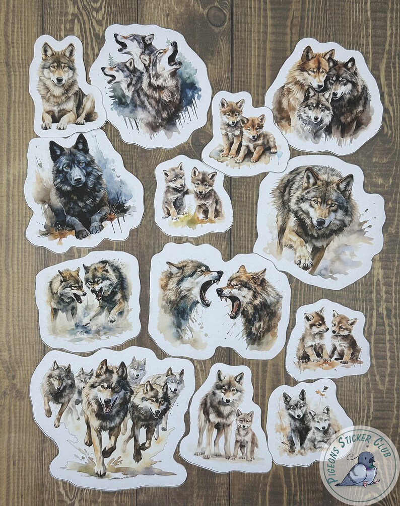 Printable Fussy Cut Wolves and Wolf Pups 13 Stickers Pack Ephemera Junk ...