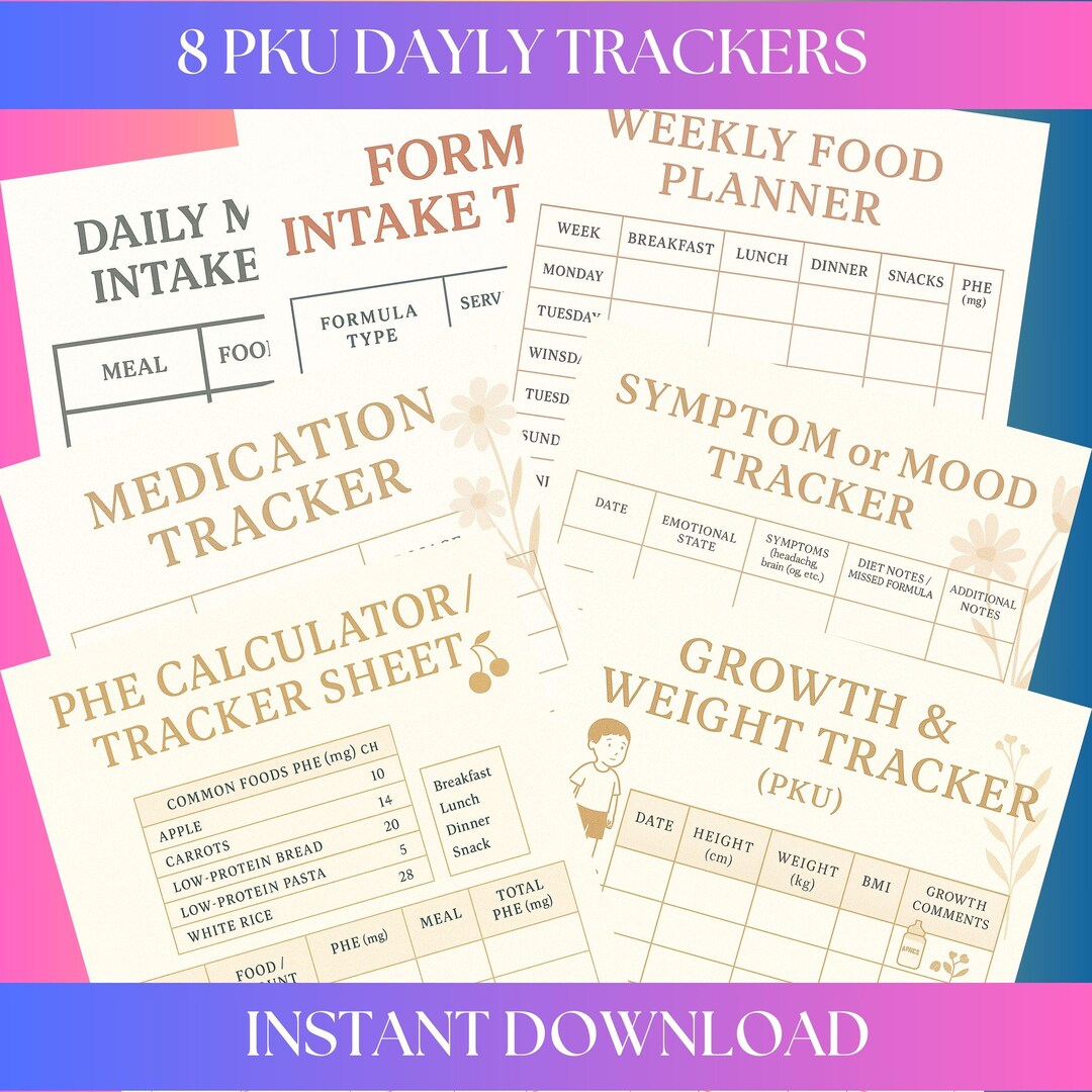 PKU Printable Tracker Bundle – Daily Phe Intake Log, Weekly Food ...