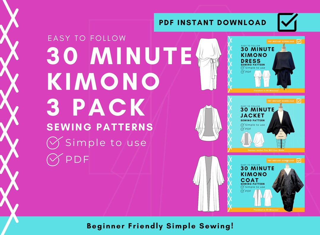 Paperless DIY 30 Minute Kimono Sewing Pattern 3 Pack - Easy to Sew ...