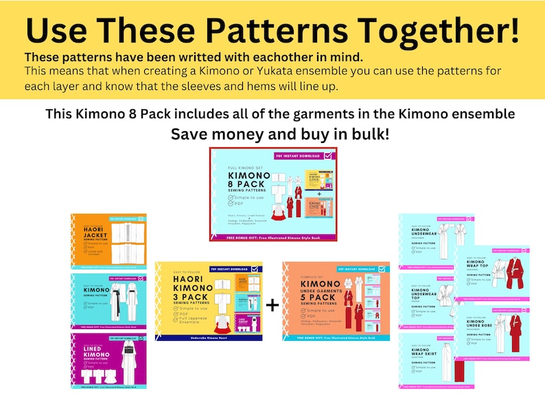 Paperless DIY Kimono Kimono Sewing Pattern 8 Pack - Complete Kimono ...