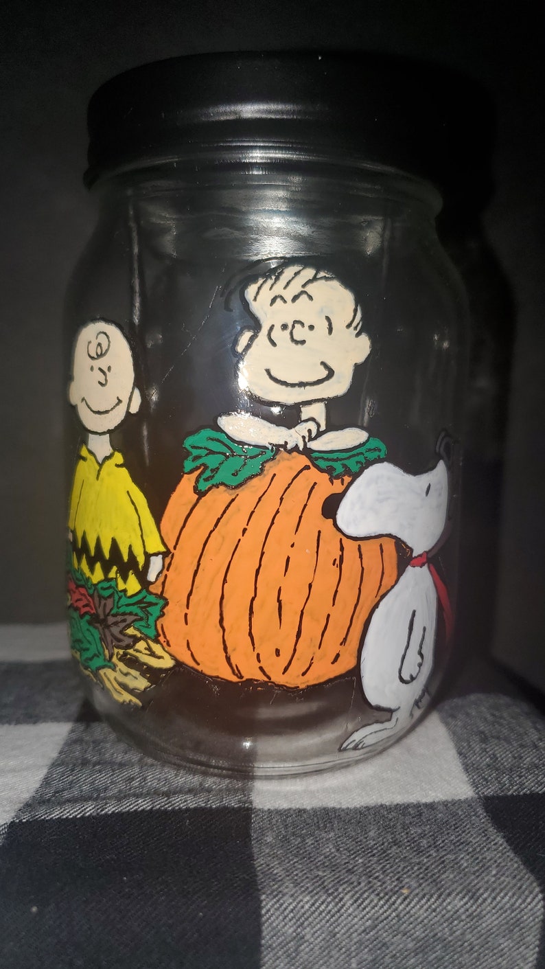 Hand Painted Peanuts, Charlie Brown, Snoopy, Linus, Great Pumpkin, Jar ...