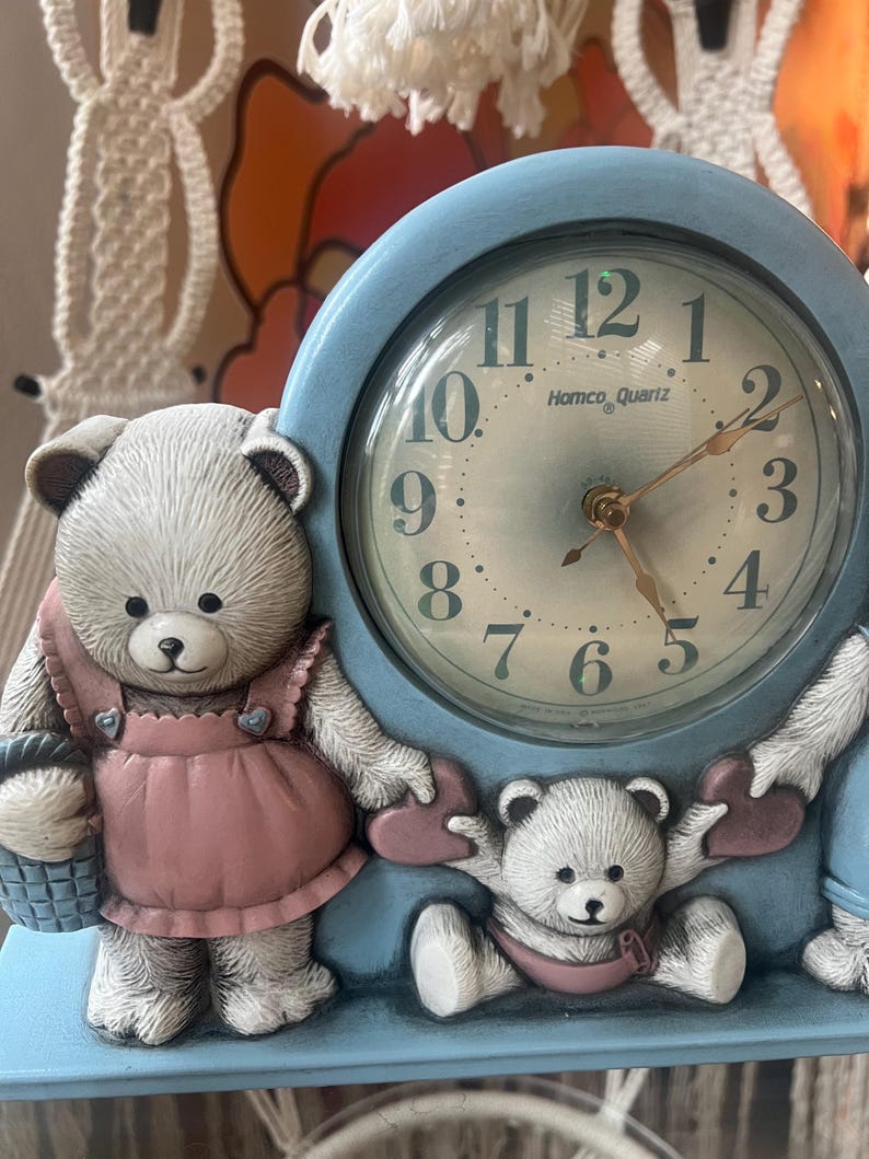 Vintage Family Bear Blue Pink White Mom Baby Homco Quartz Clock ...