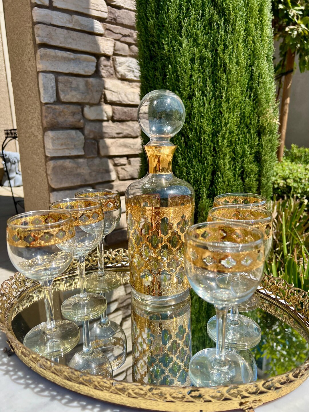 Vintage Culver Valencia Wine Decanter & Six Wine Glasses Set 22K Gold ...