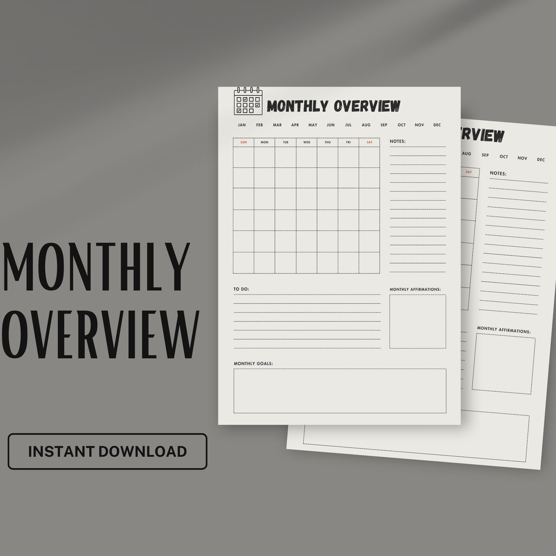 Monthly Overview Calendar|monthly Planner|printable Planner|monthly ...