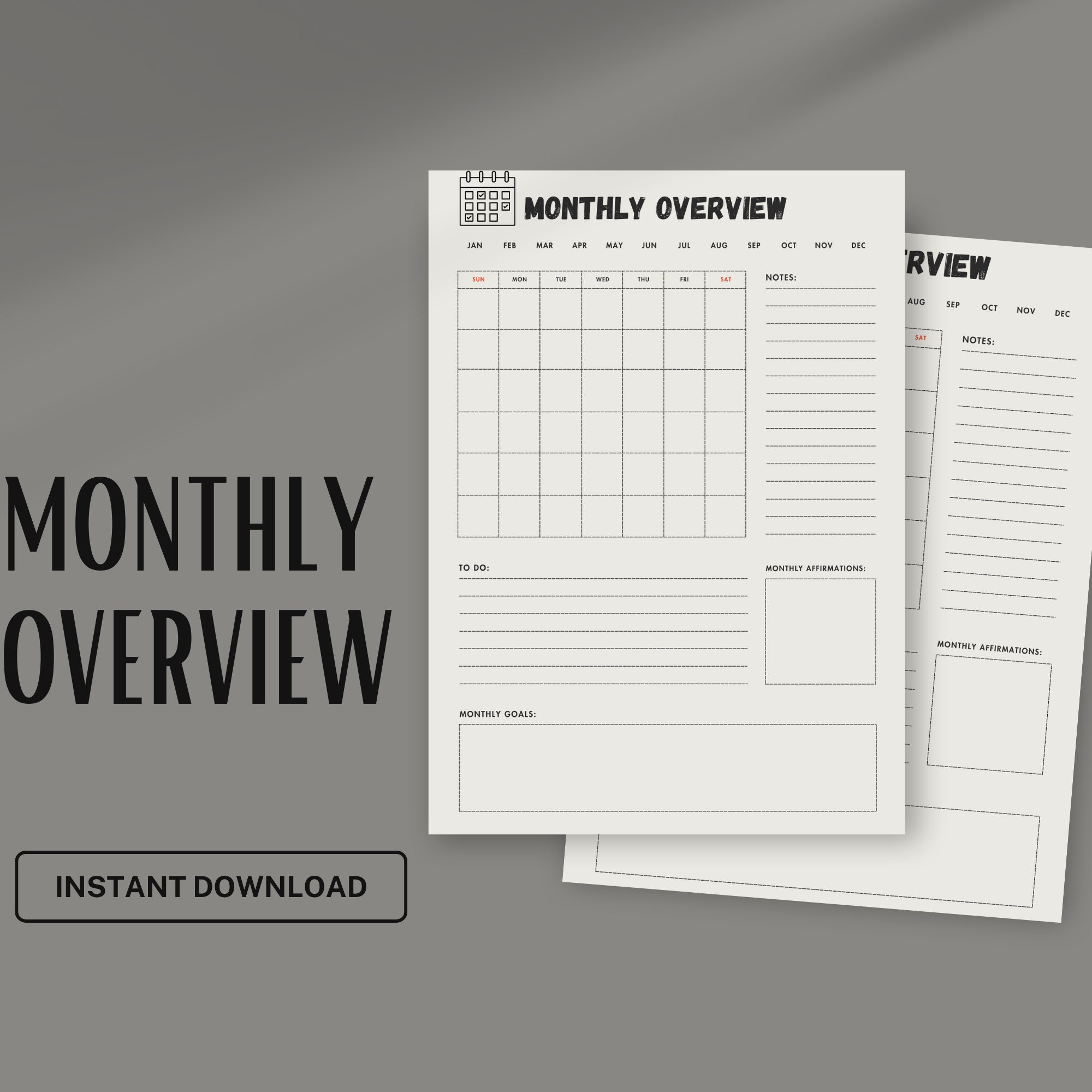 Monthly Overview Calendar|monthly Planner|printable Planner|monthly ...