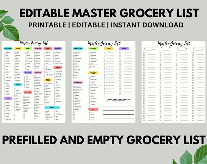 Printable Master Grocery List: Editable Meal Planner (digital Download ...