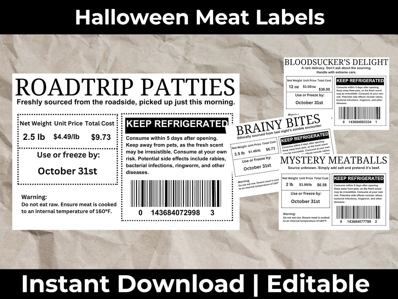 Funny Halloween Fake Meat Labels, Halloween Prank Food Labels Halloween ...