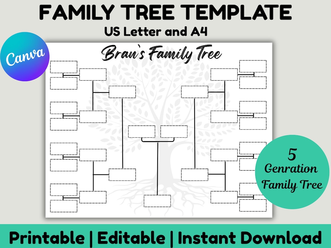 5 Generation Family Tree Chart: Editable Genealogy Template (PDF) - Etsy