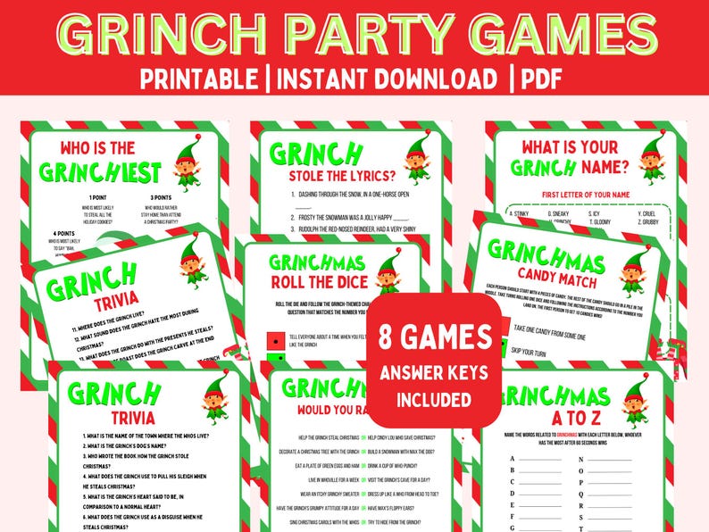 Grinch Christmas Party Games Bundle: Grich Trive, Whow Stole the Lyrics ...
