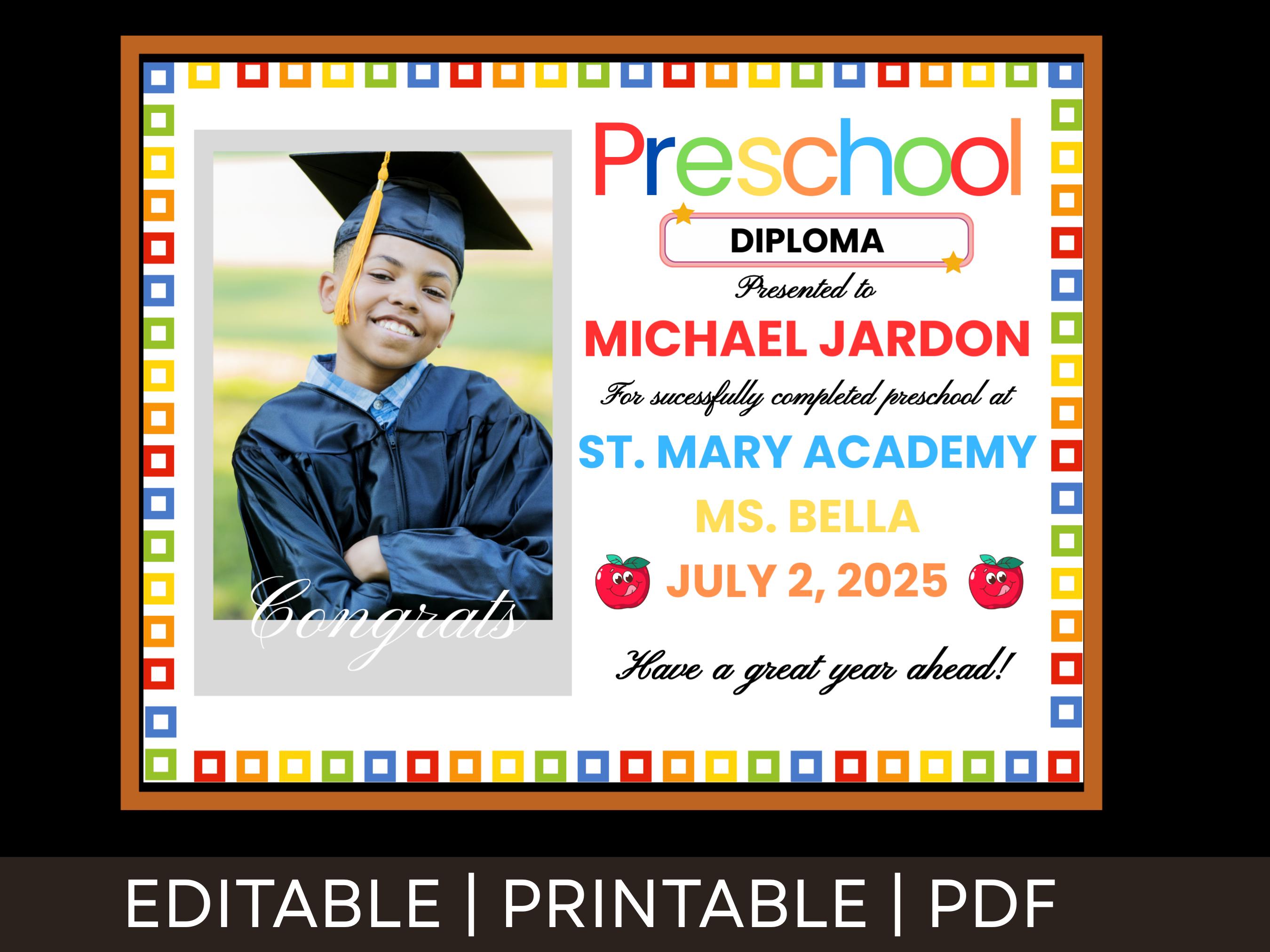 Editable Preschool DIPLOMA With Photo, Prek GRADUATION Certificate ...