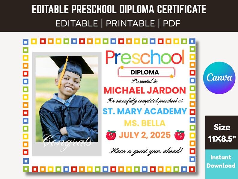 Preschool Graduation Certificate | Editable and Printable - Etsy