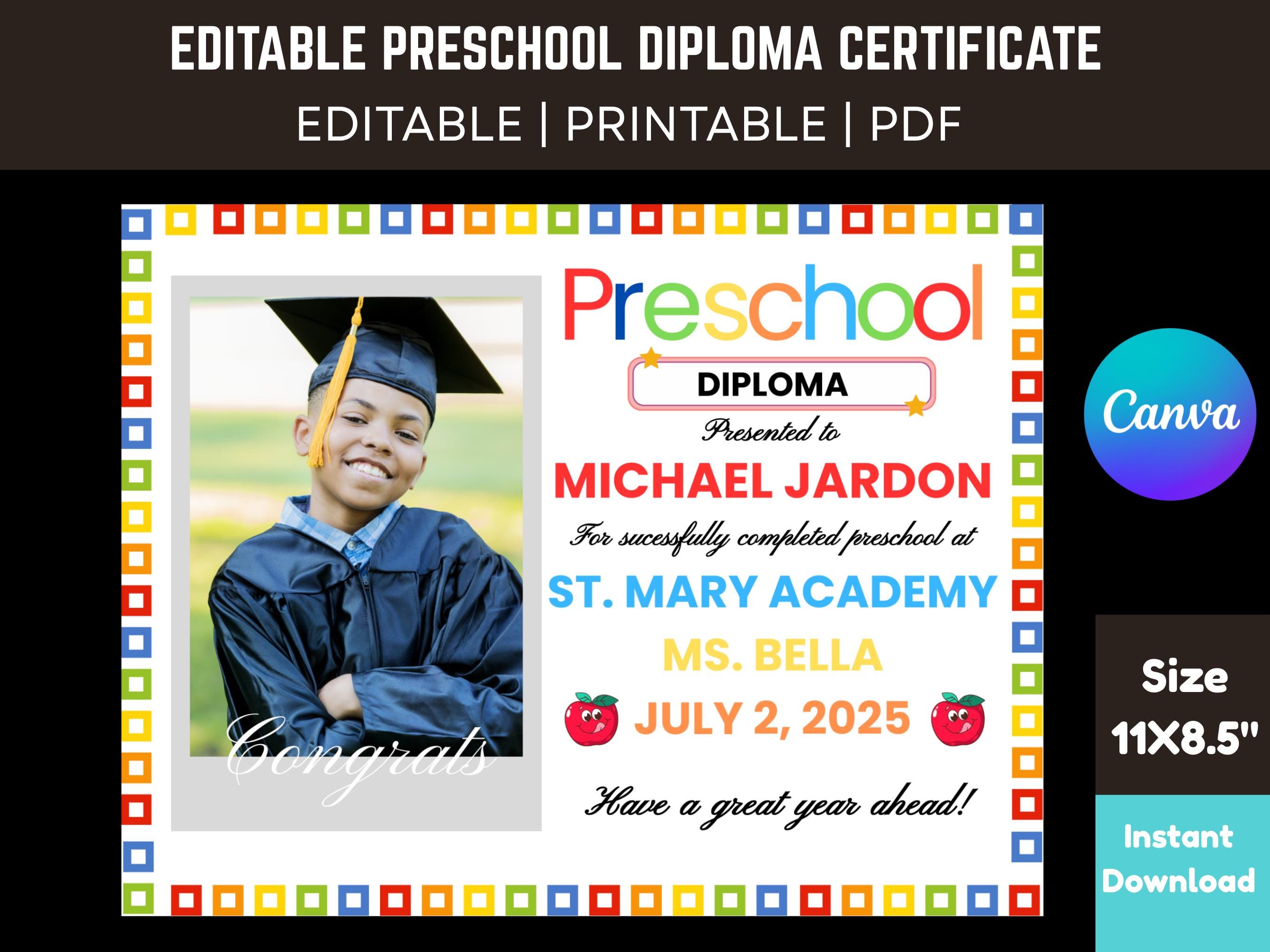 Editable Preschool Diploma Certificate With Photo (digital Download) - Etsy