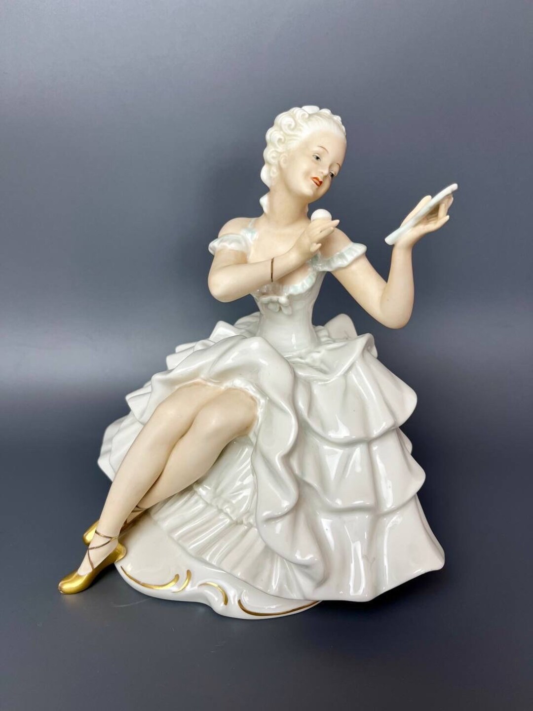Porcelain Figurine of a Lady With a Mirror and Powder Compact Schaubach ...