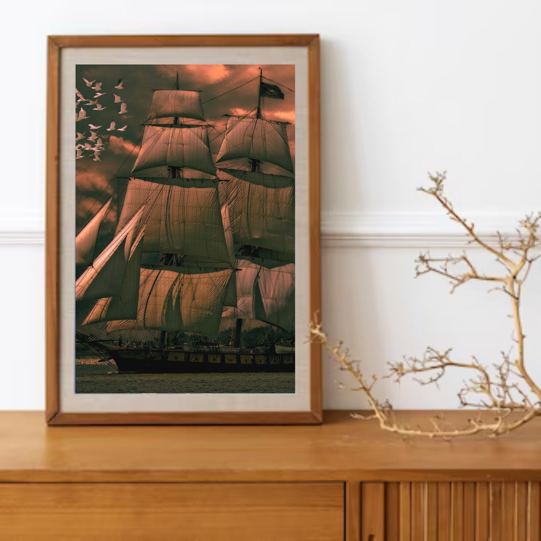 Sailing Ship Wall Art For Home Decor With Digital Illustration Etsy