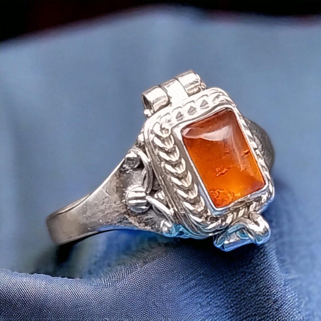 Sterling Silver Amber Poison Ring - Etsy