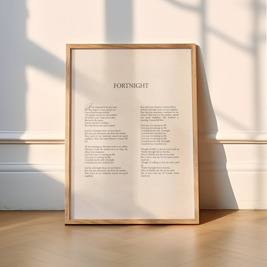 Fortnight Lyrics Aesthetic Wall Art Tortured Poets Department Taylor ...