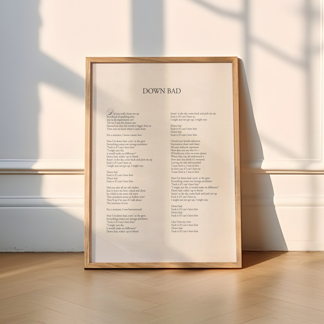 Down Bad Lyrics Aesthetic Wall Art Tortured Poets Department Taylor ...