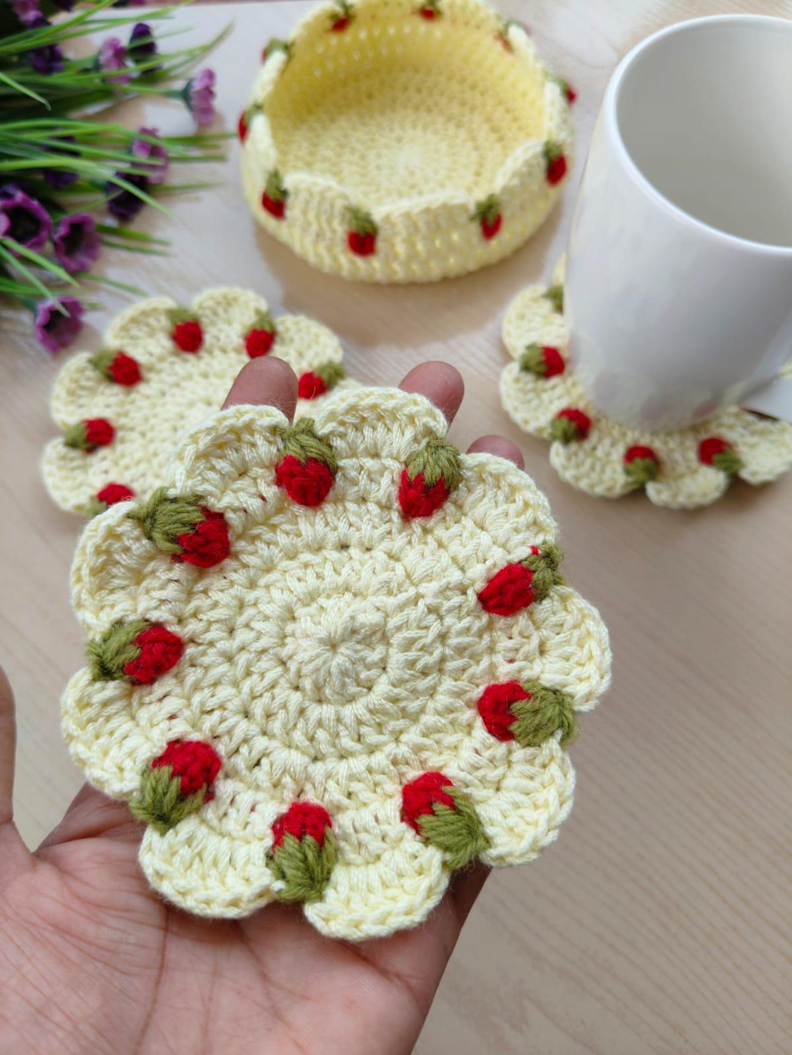 4**** Set of Strawberry Crochet Coaster– Brighten Your Space! - Etsy