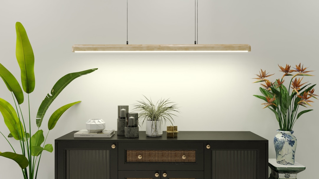 Wood Pendant Light MONAY Hanging Light Rustic Wood Light, Modern Linear ...