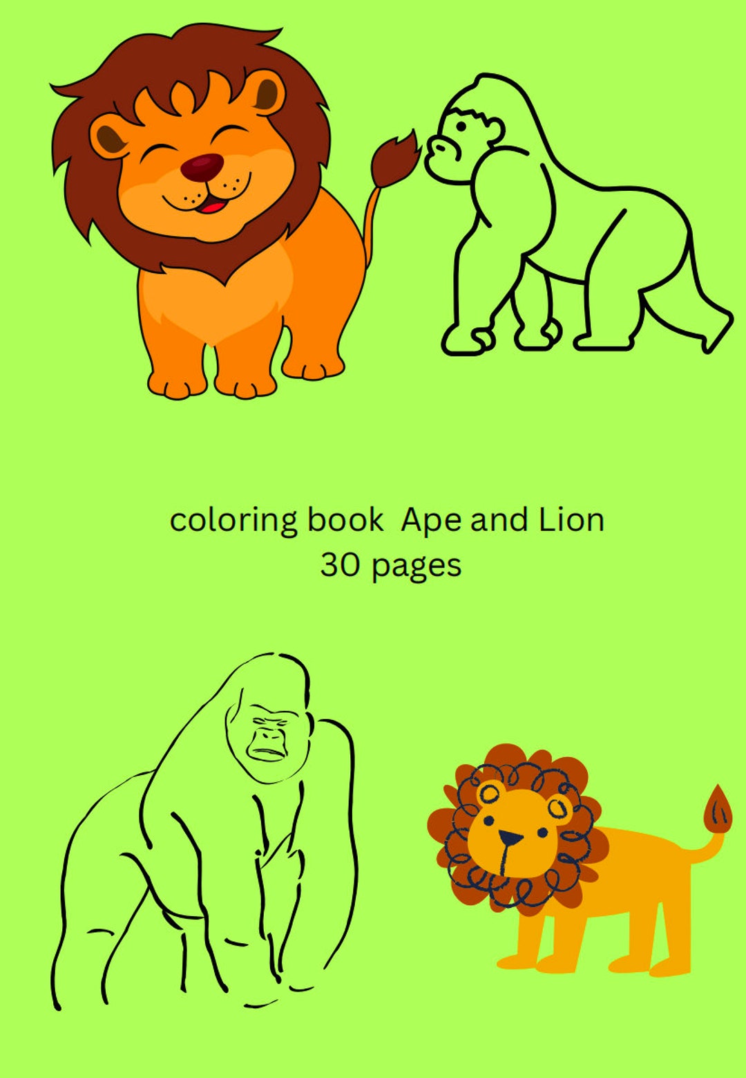 Ape and Lions Coloring Book for Kids Have 30 Pages - Etsy