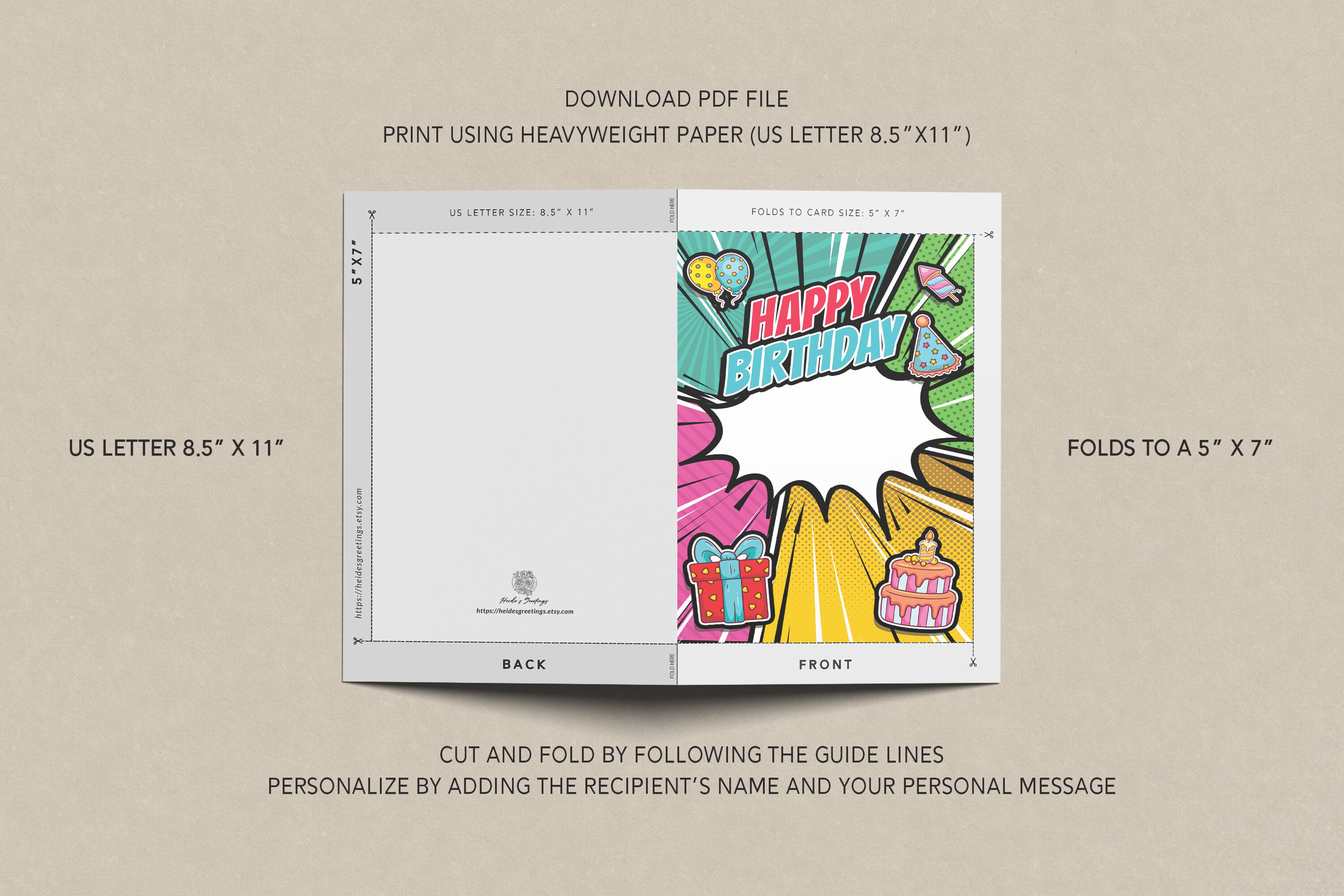 Printable Comic Style Card Happy Birthday, 4x6 & 5x7 Card With ...