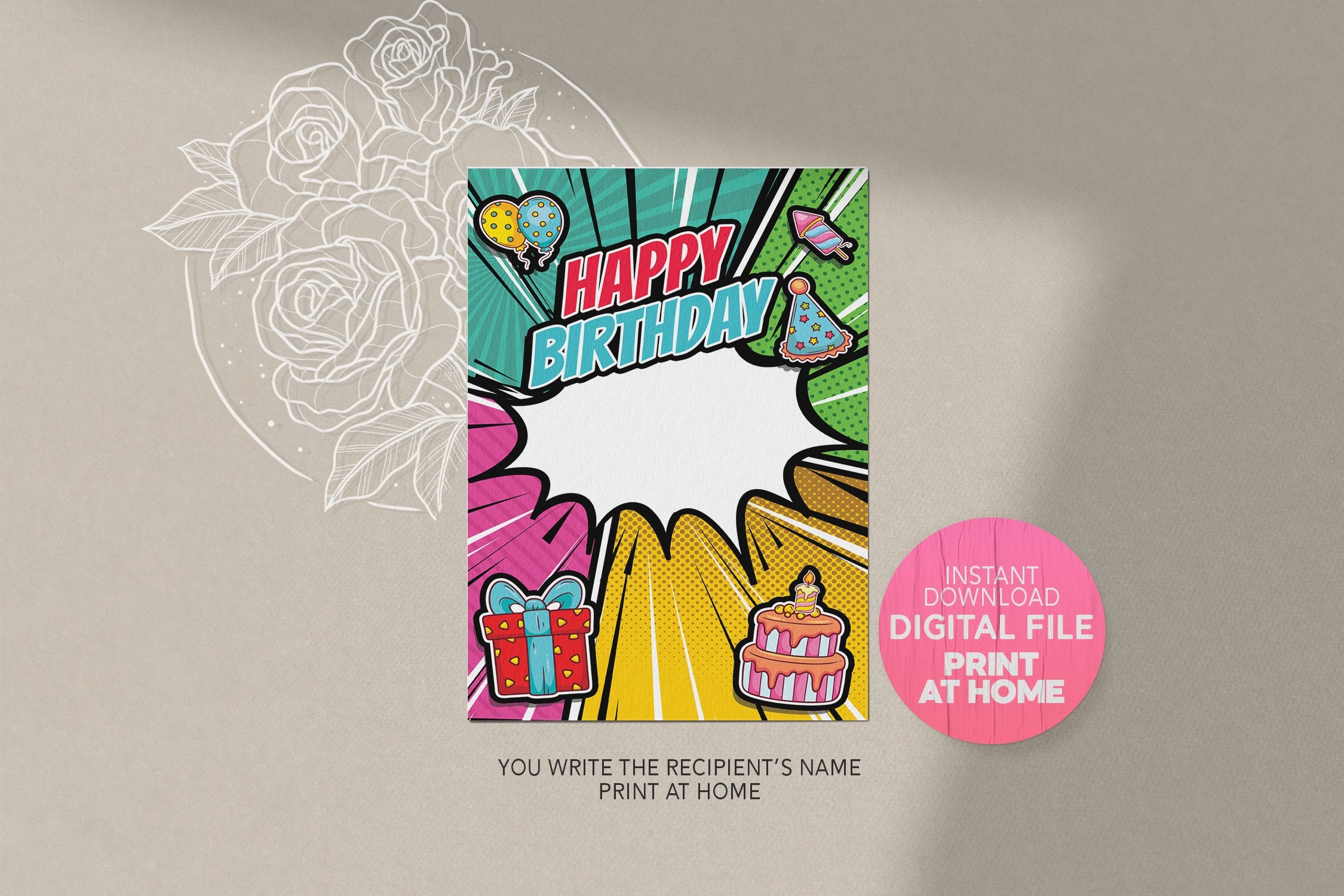 Printable Comic Style Card Happy Birthday, 4x6 & 5x7 Card With ...