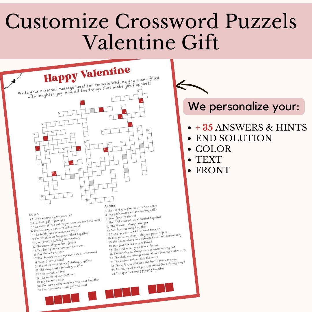 Custom Valentine Crossword Puzzle | Valentine Gift | 100 % Personalized ...