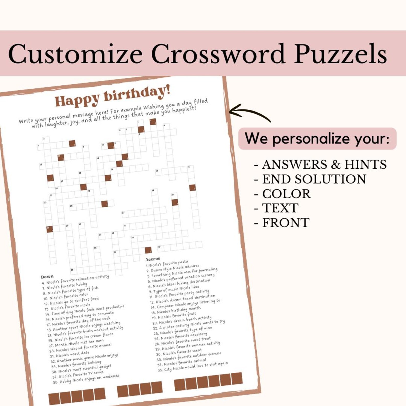 Custom Crossword Puzzle Personalized Crosswords Custom Puzzles Birthday ...