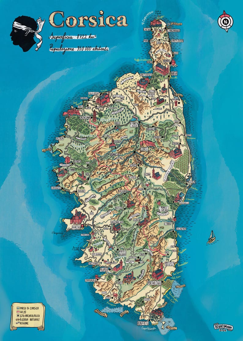 Numbered Art Print - Map of Corsica in Corsican Language - Limited ...