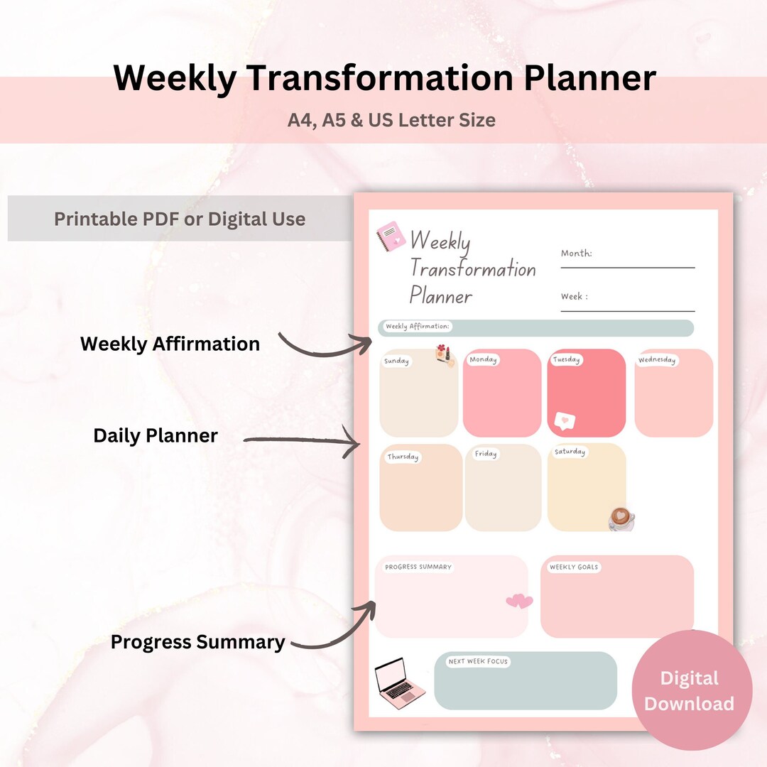 Undated Weekly Transformation Planner, Printable A4, A5, US Letter or ...
