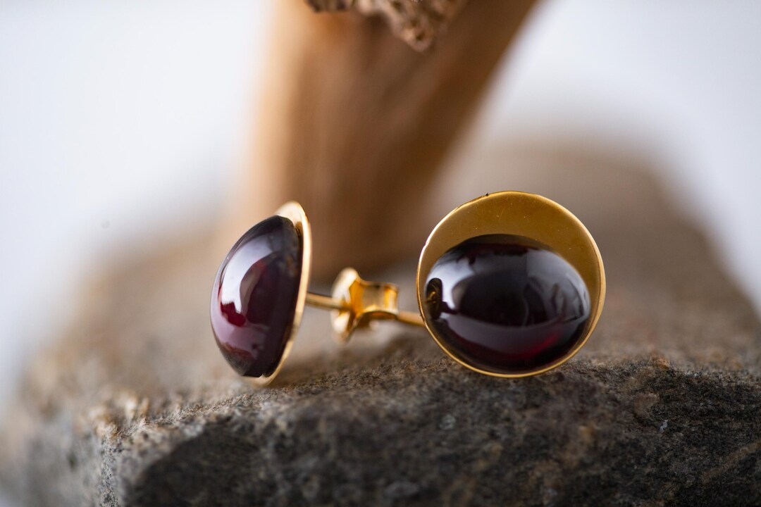 Garnet & Gold. Designer Studs. Unique Garnet Earrings. Sterling Silver ...