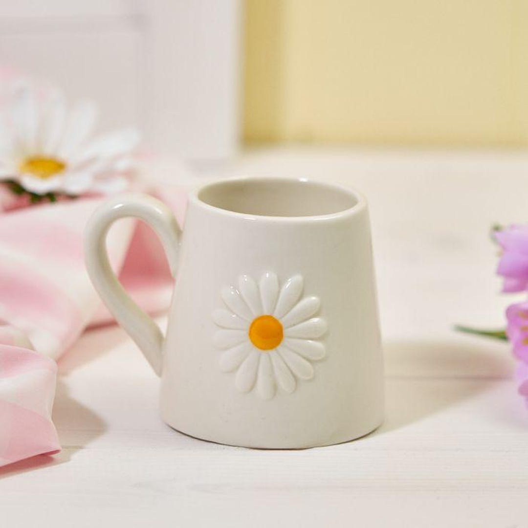 Charming Daisy 3D Embossed Mug - White Stoneware With Floral Design for ...