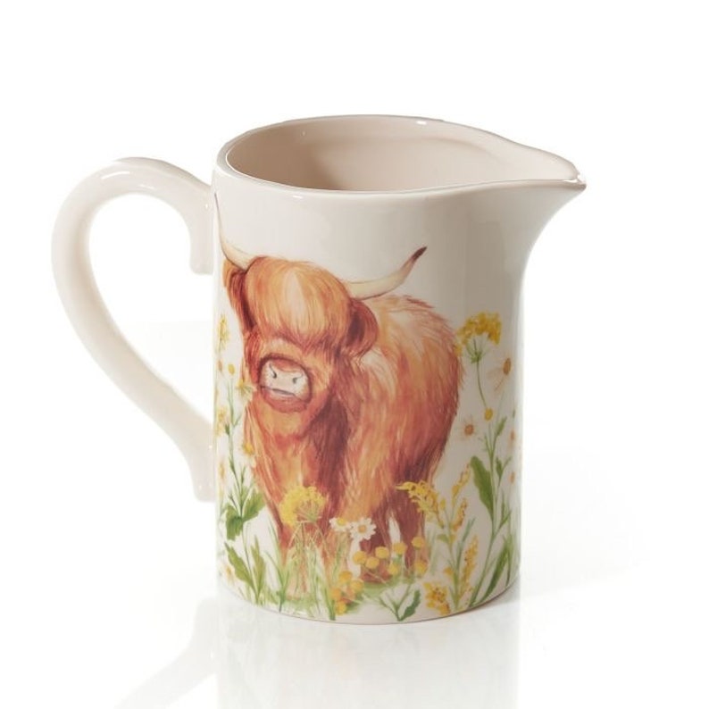 Rustic Highland Cow Ceramic Jug With Floral Wrap-around Design Handmade ...
