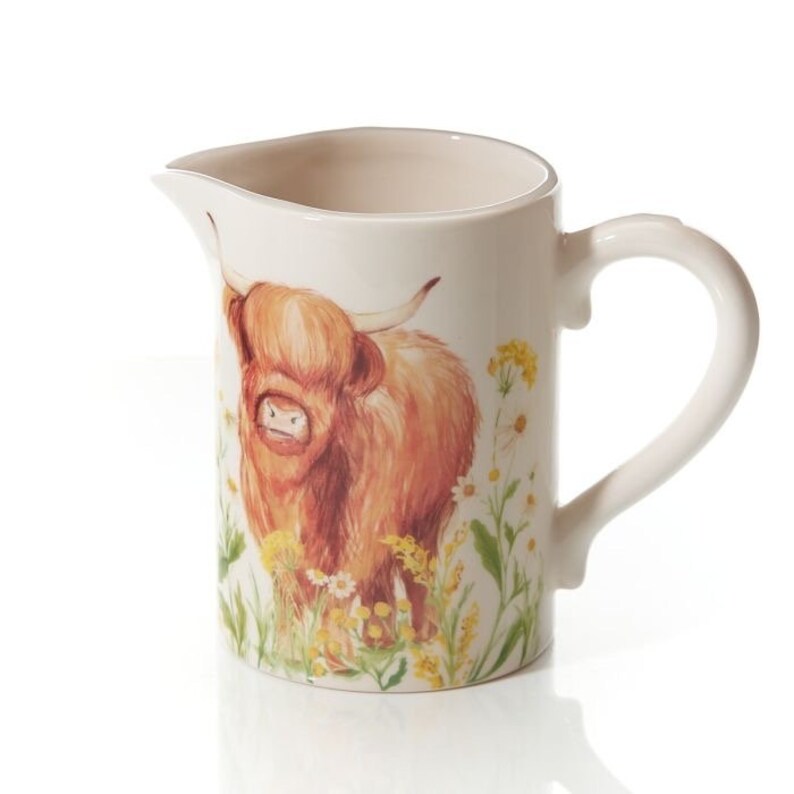 Rustic Highland Cow Ceramic Jug With Floral Wrap-around Design Handmade ...