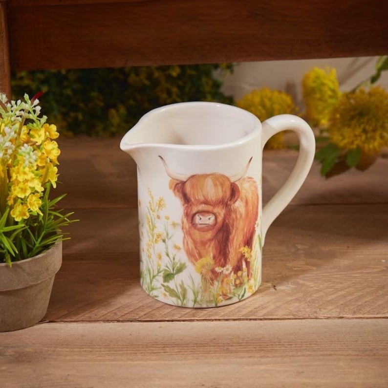 Rustic Highland Cow Ceramic Jug With Floral Wrap-around Design Handmade ...