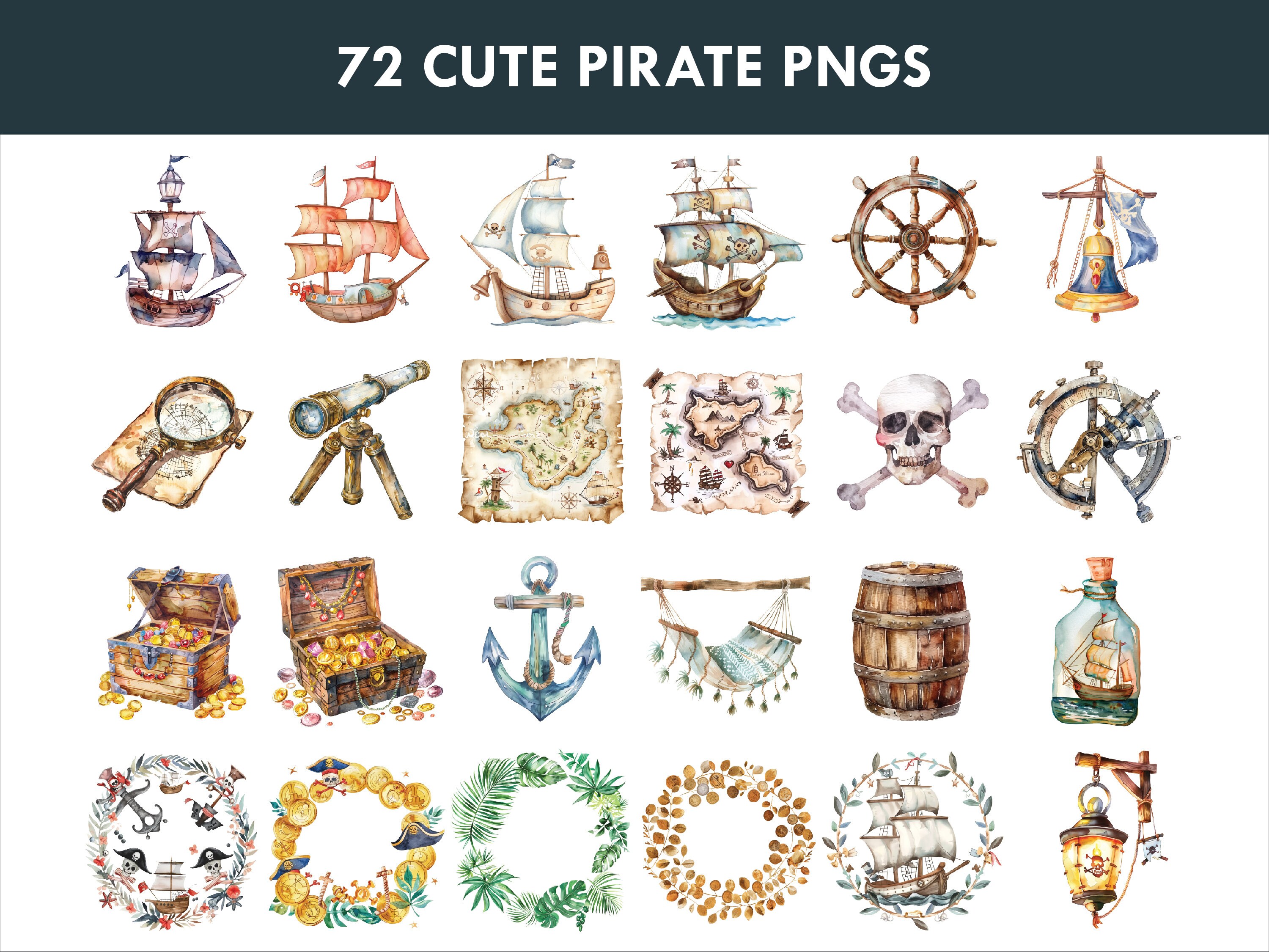 Cute Pirates Watercolor Clipart, Fairytale Adventure Illustration ...