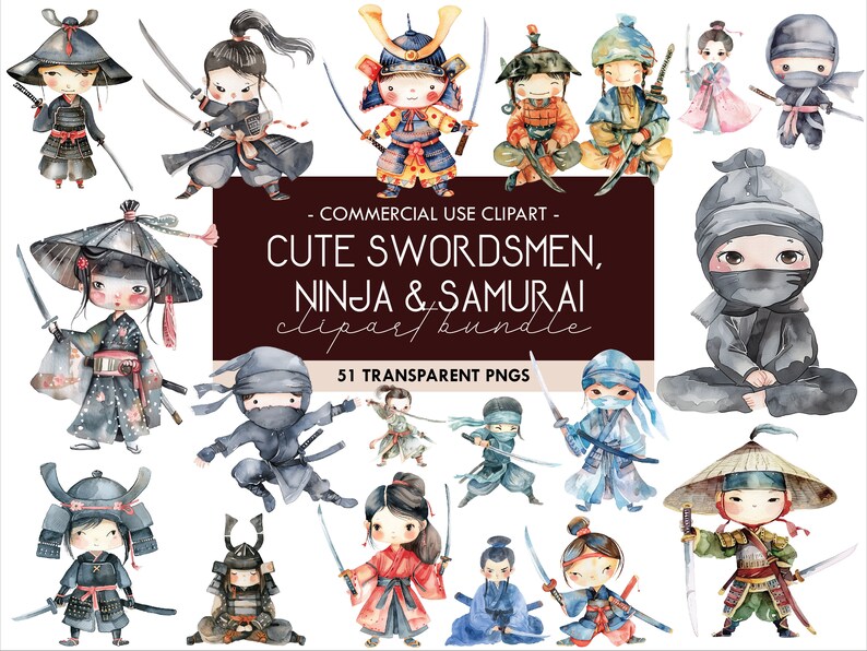 Swordsmen, Ninja & Samurai Watercolor Clipart, Cute Warrior ...