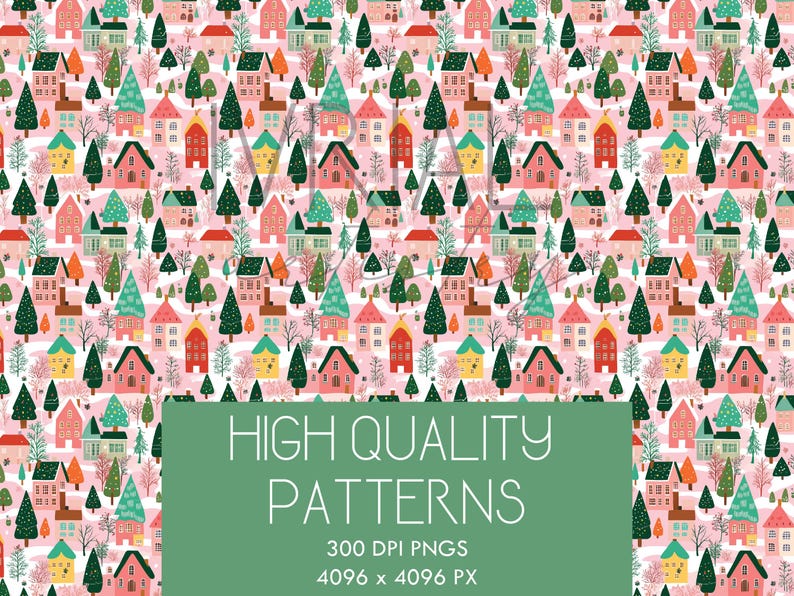 Whimsical Christmas Town Seamless Pattern, Digital Paper, Cute ...