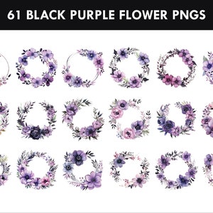Watercolor Black & Purple Floral Clipart: PNG Flower Arrangements ...