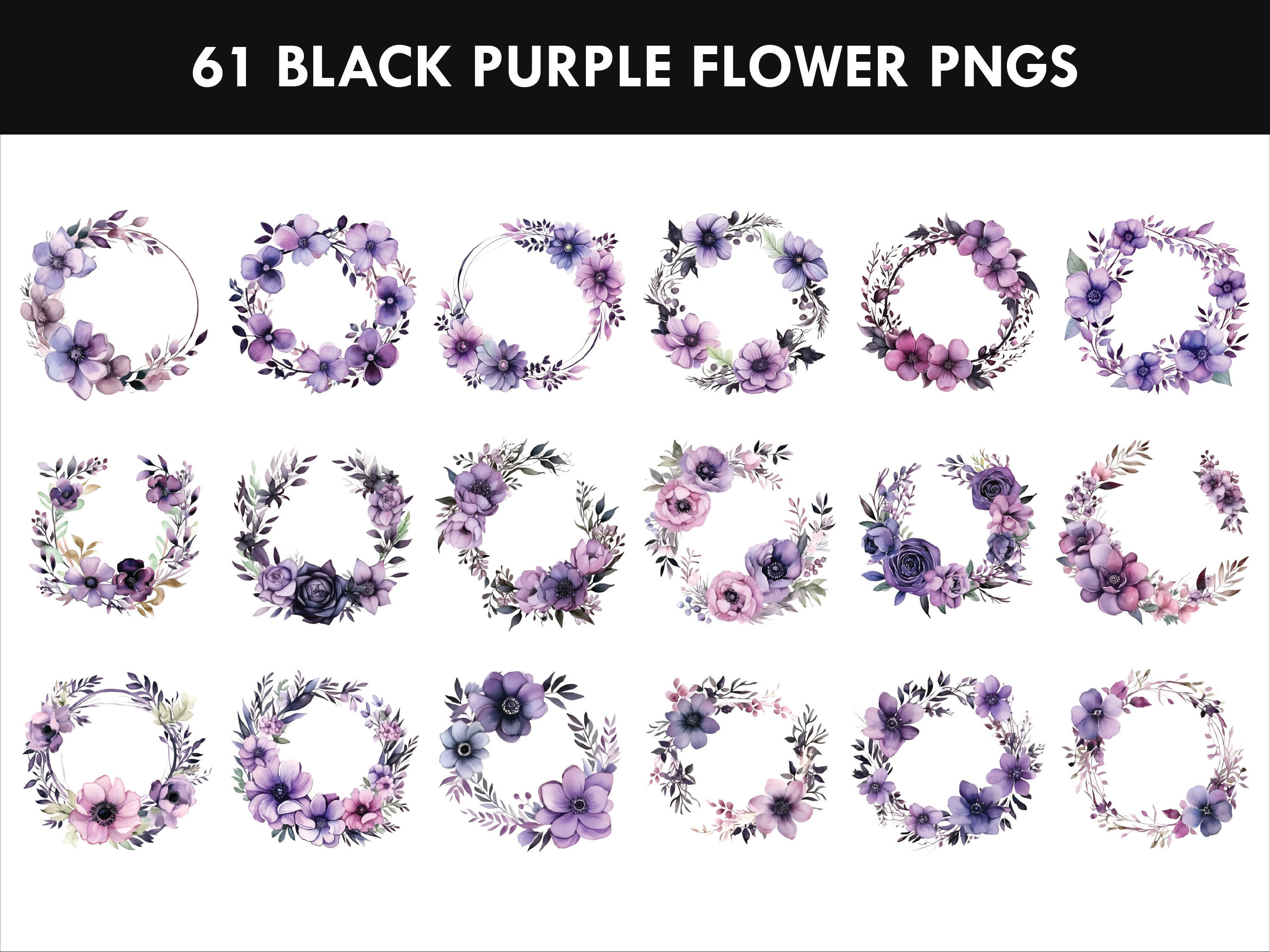 Black & Purple Flowers Watercolor Clipart, Violet Lavender Lilac Floral ...