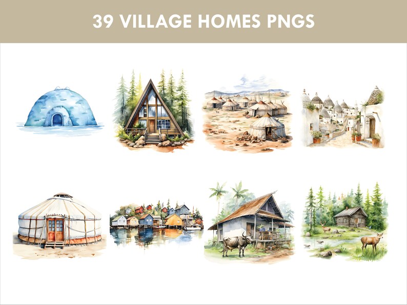 World Village Homes Clipart Bundle: Traditional Houses (PNG Digital ...