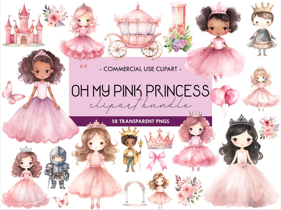Pink Princess Watercolor Clipart, Cute Fairytale Illustration, Knight ...