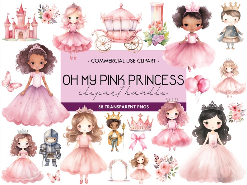 Pink Princess Watercolor Clipart, Cute Fairytale Illustration, Knight ...