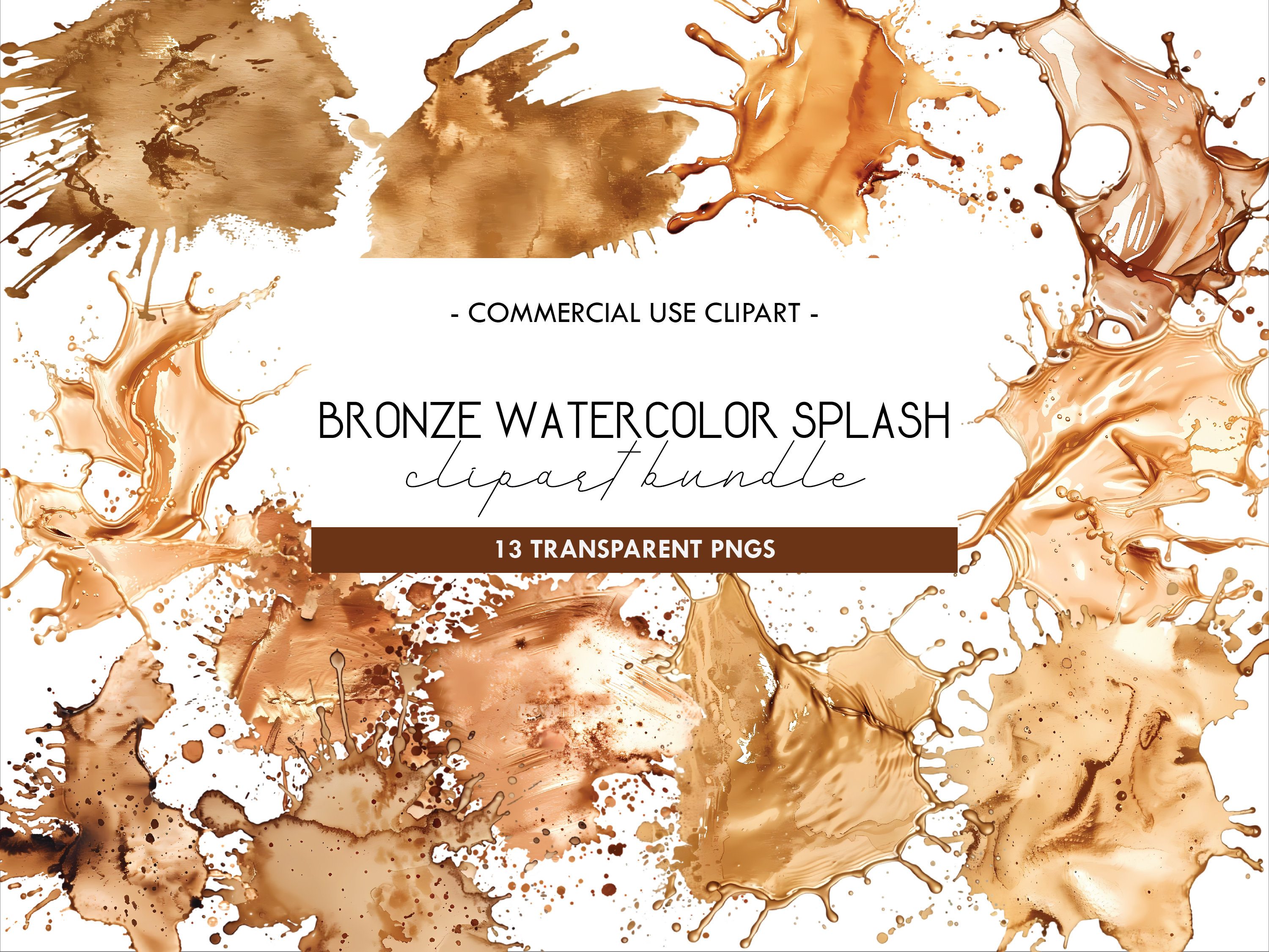 Bronze Watercolor Splash Clipart: Metallic PNG Graphics (digital ...