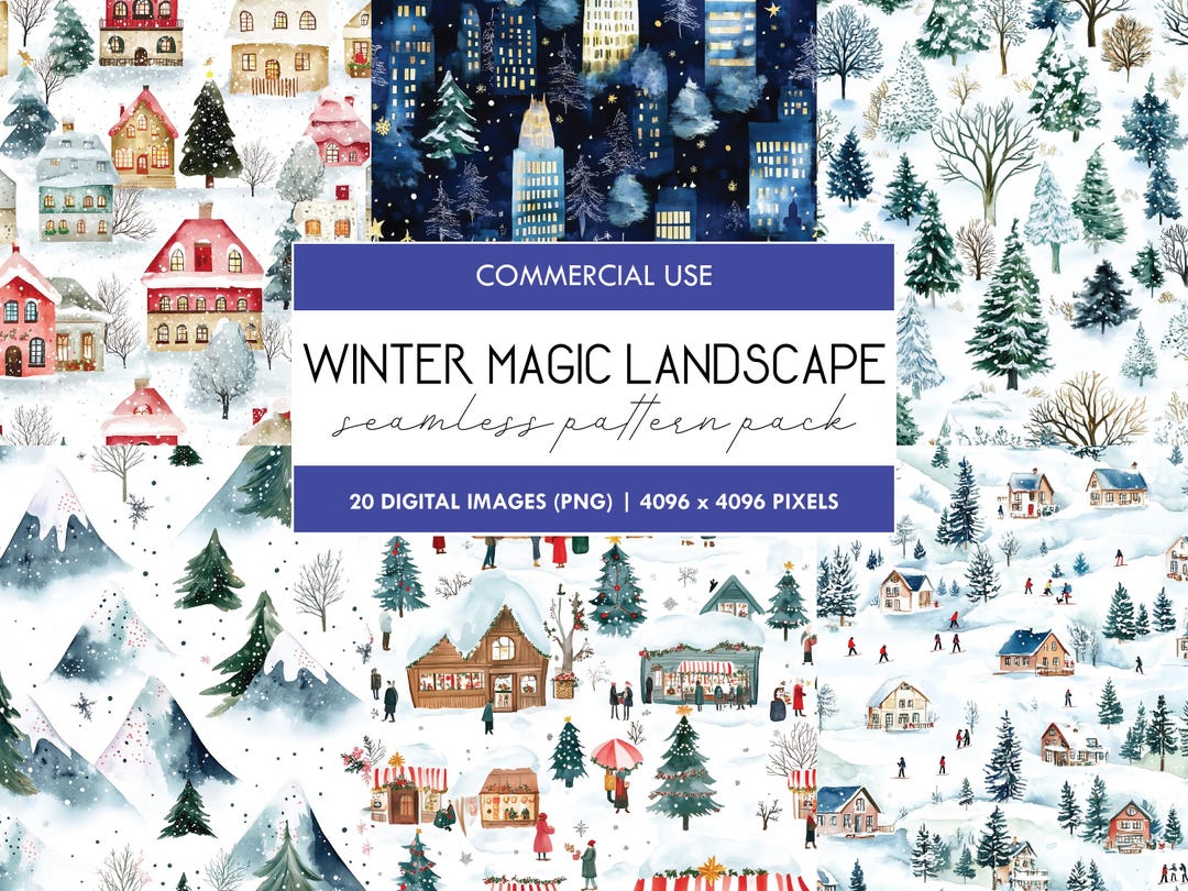 Watercolor Winter Magic Landscape Pattern, Christmas Seamless Patterns ...