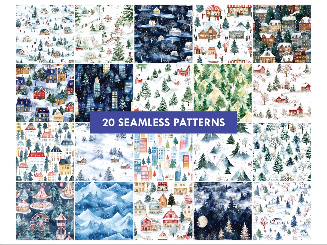 Watercolor Winter Magic Landscape Pattern, Christmas Seamless Patterns ...