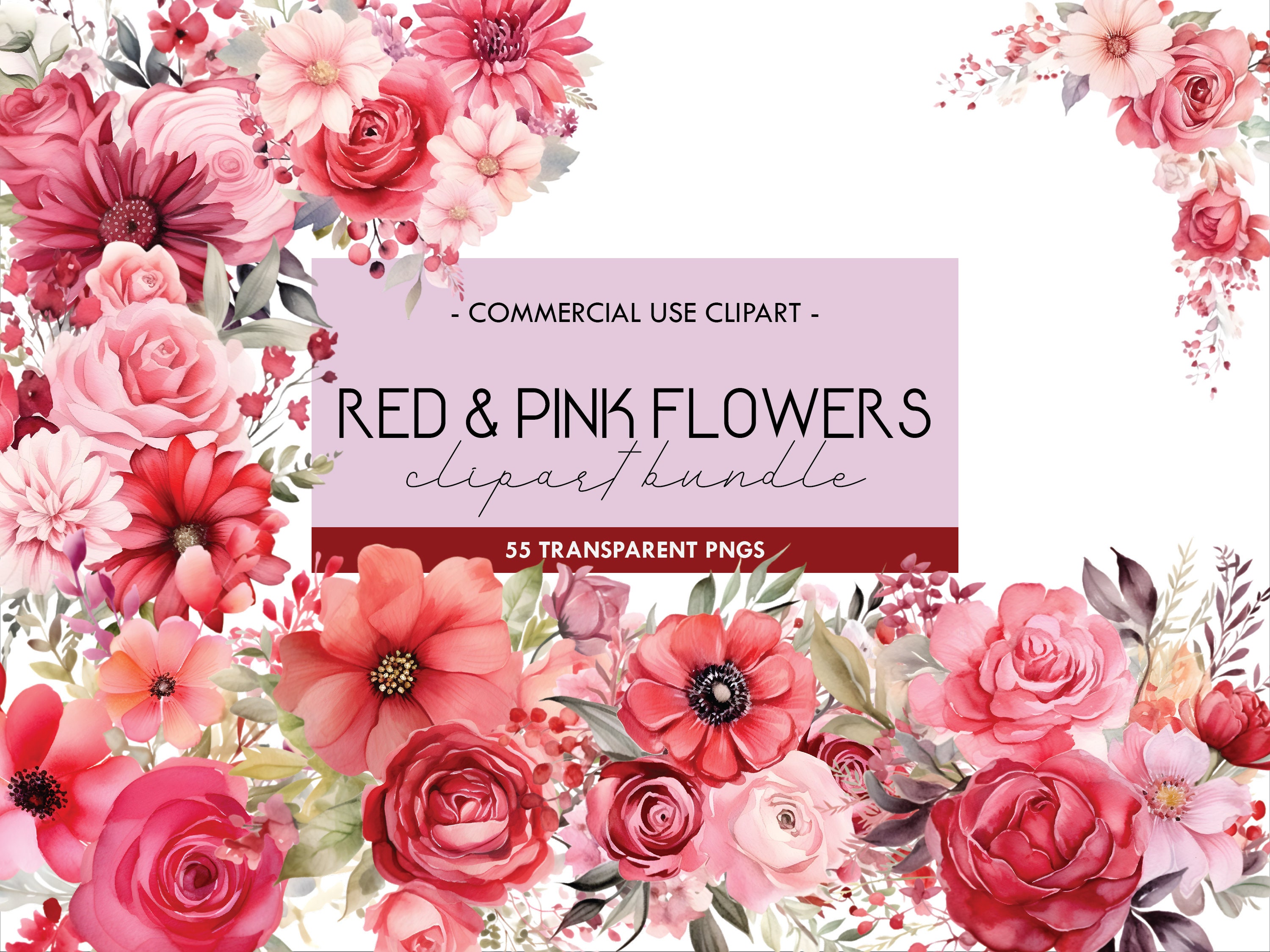 Red & Pink Flowers PNG Watercolor Floral Clipart Bouquets - Etsy