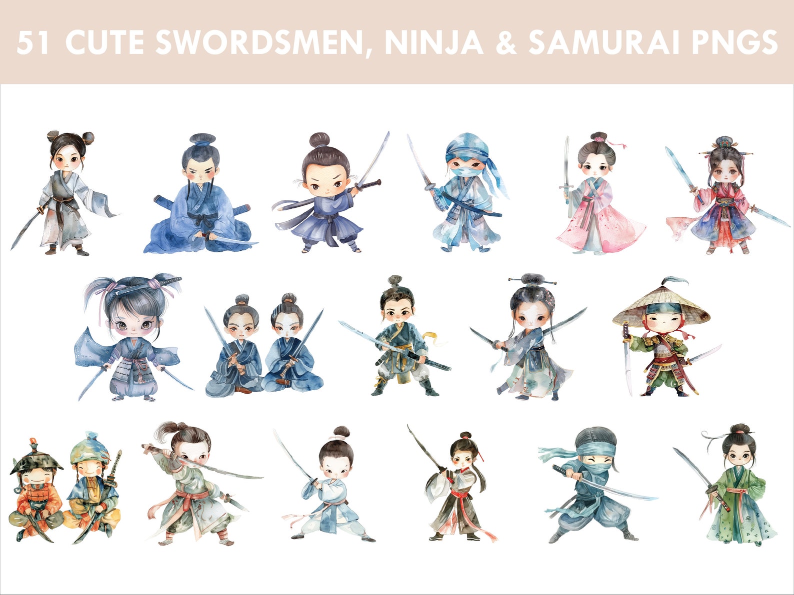 Swordsmen, Ninja & Samurai Watercolor Clipart, Cute Warrior ...